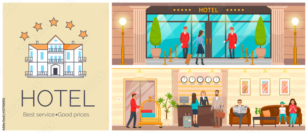 People traveling and staying at hotel with luggage. Happy holiday ...