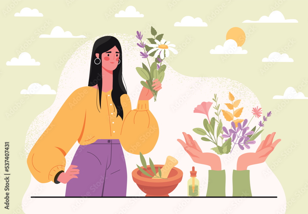 Herbal medicine concept. Young girl with plants, woman chooses for ...