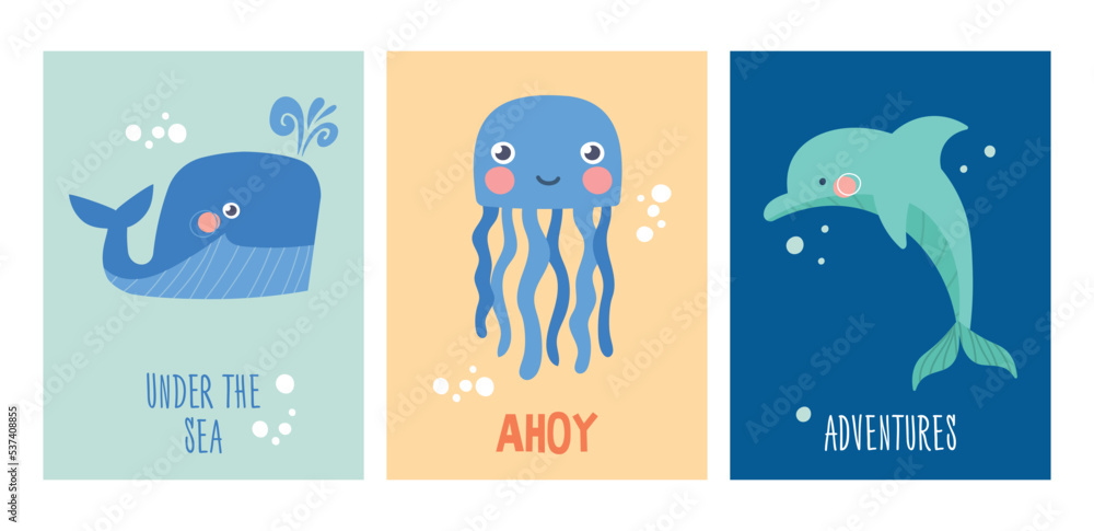 Sea life set. Collection of posters, banners and covers with ...