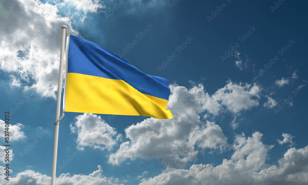ukraine country blue yellow nation flag waving blue sky background ...
