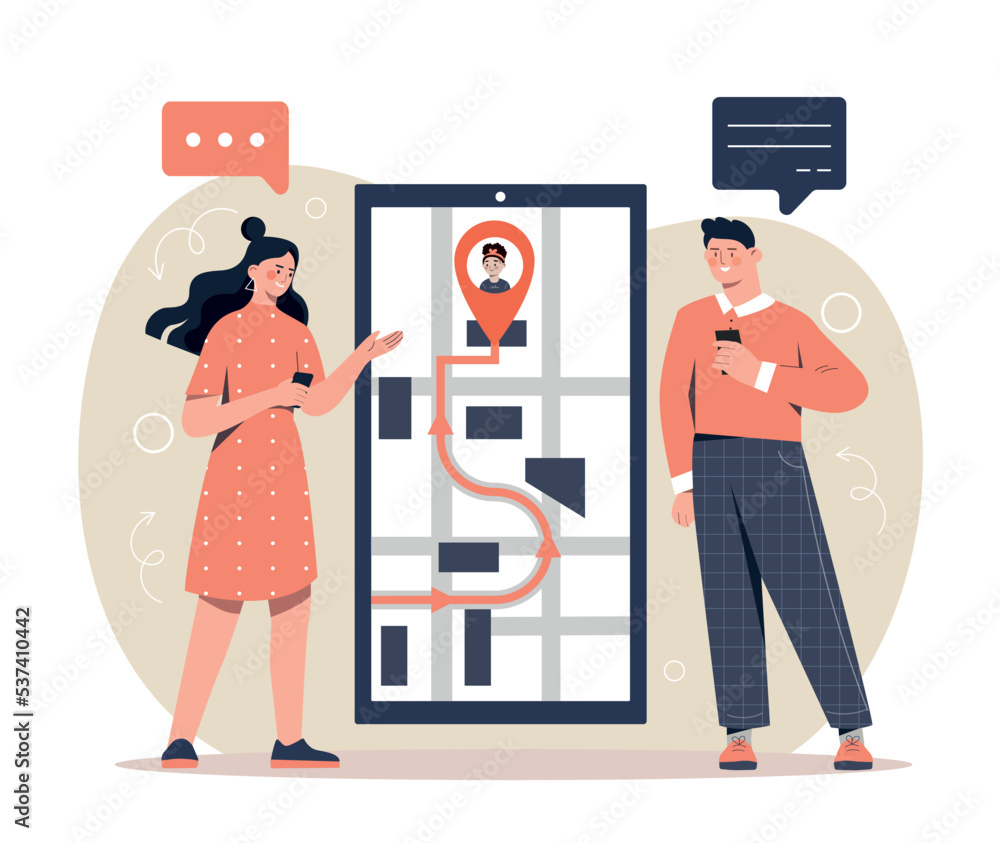 Control app concept. Man and woman track route and movement of courier ...