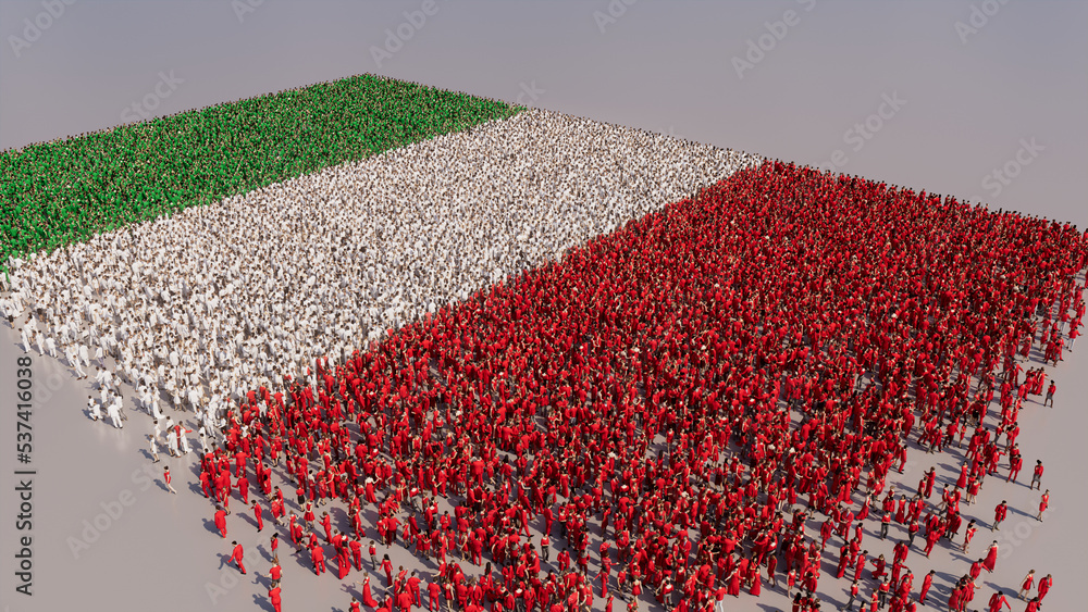 Aerial view of a Crowd of People, gathering to form the Flag of Italy ...