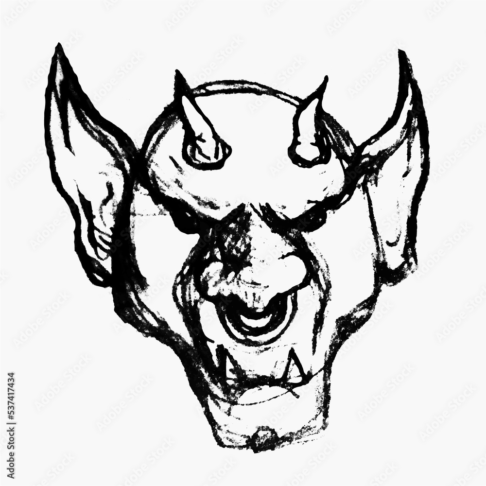 Drawing of the face of an angry gargoyle. Ink drawing of a demon's head ...