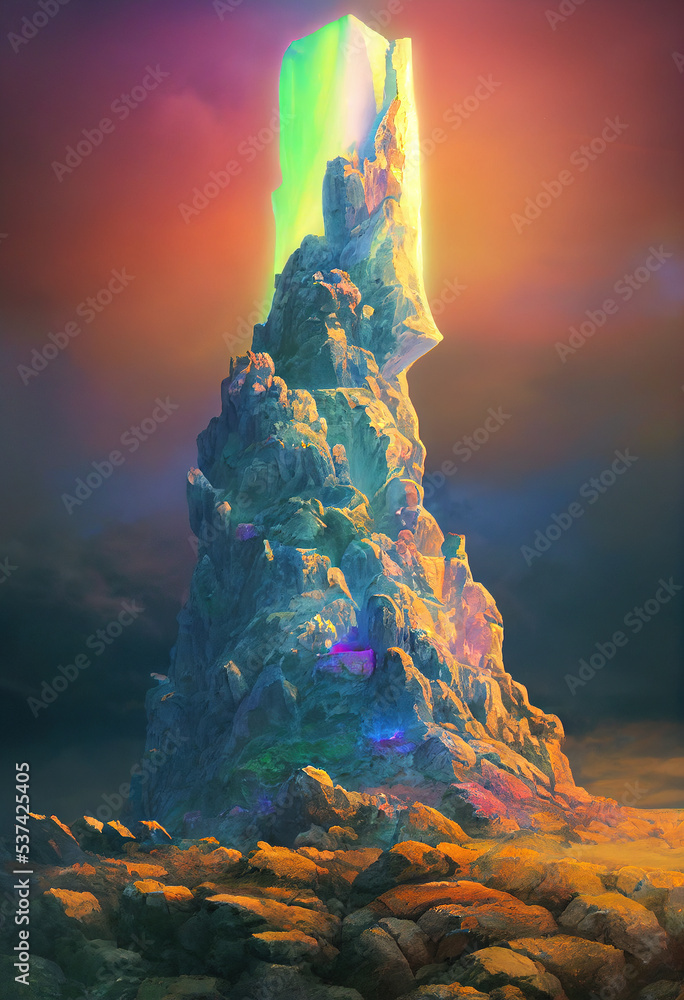 A massive wizard's tower on a rugged cliffside, glowing brightly and ...