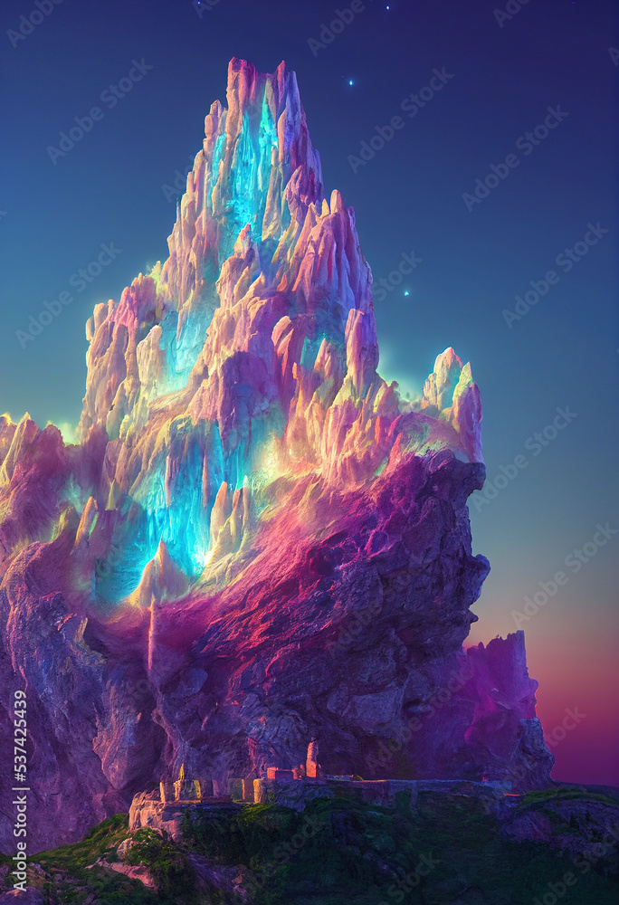 A massive wizard's tower on a rugged cliffside, glowing brightly and ...