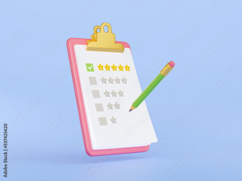 Checklist with feedback survey, clipboard with paper notes with rating ...