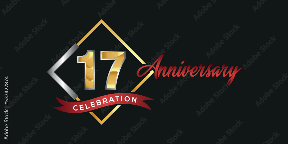 17th anniversary logo with golden and silver box, confetti and red ...