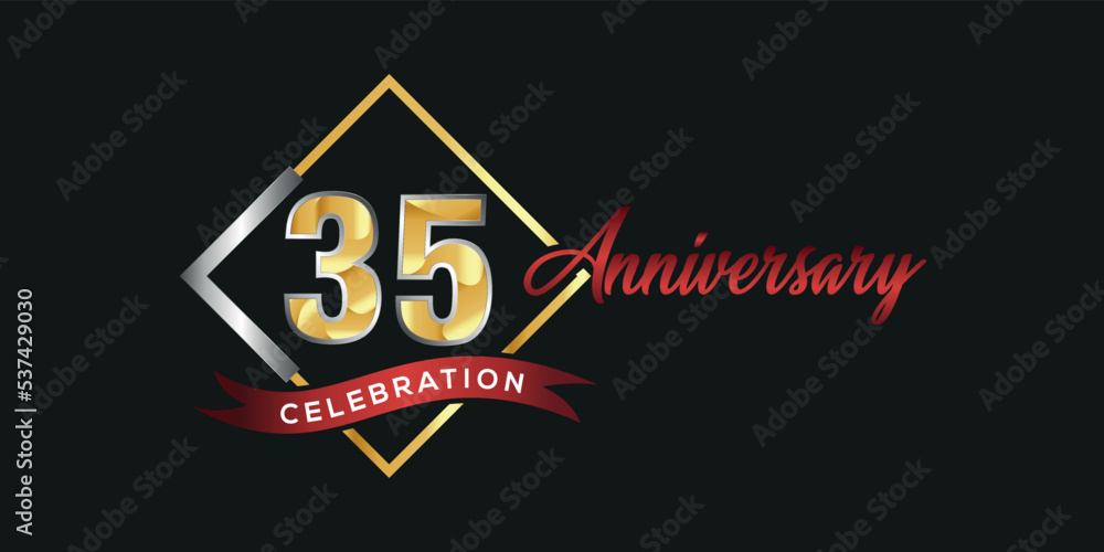 35th anniversary logo with golden and silver box, confetti and red ...