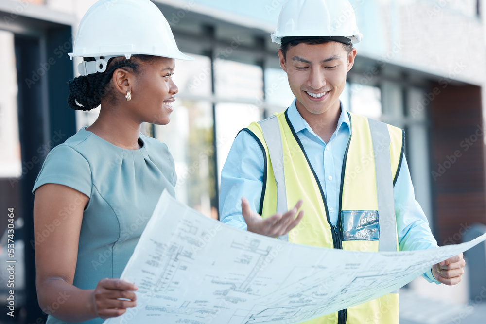 Architecture, blueprint and construction site with building contractor ...