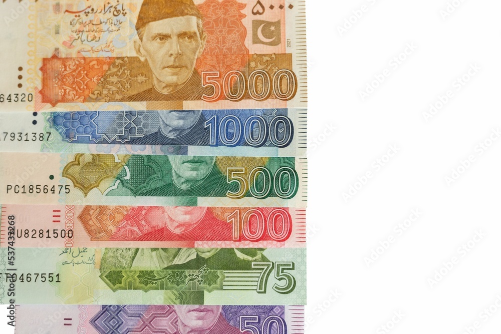 Pakistani currency banknotes from high to lower denomination set in ...