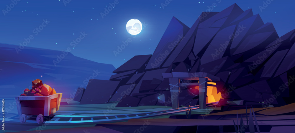 Gold mine entrance with cart full of gold ingots on rails at night ...