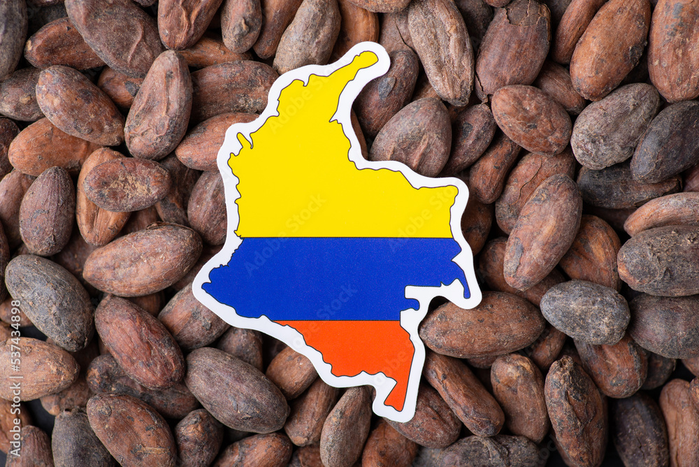 Flag and map of Colombia on cocoa beans. Growing cocoa in Colombia ...