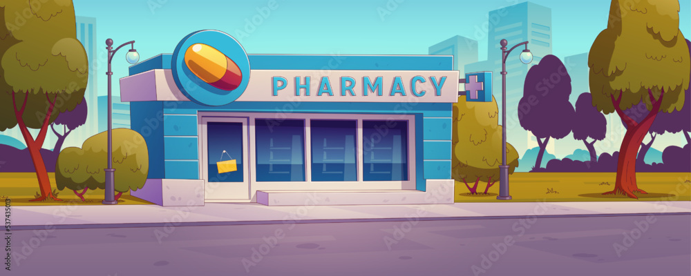 Pharmacy building storefront, drug store on roadside with cityscape ...