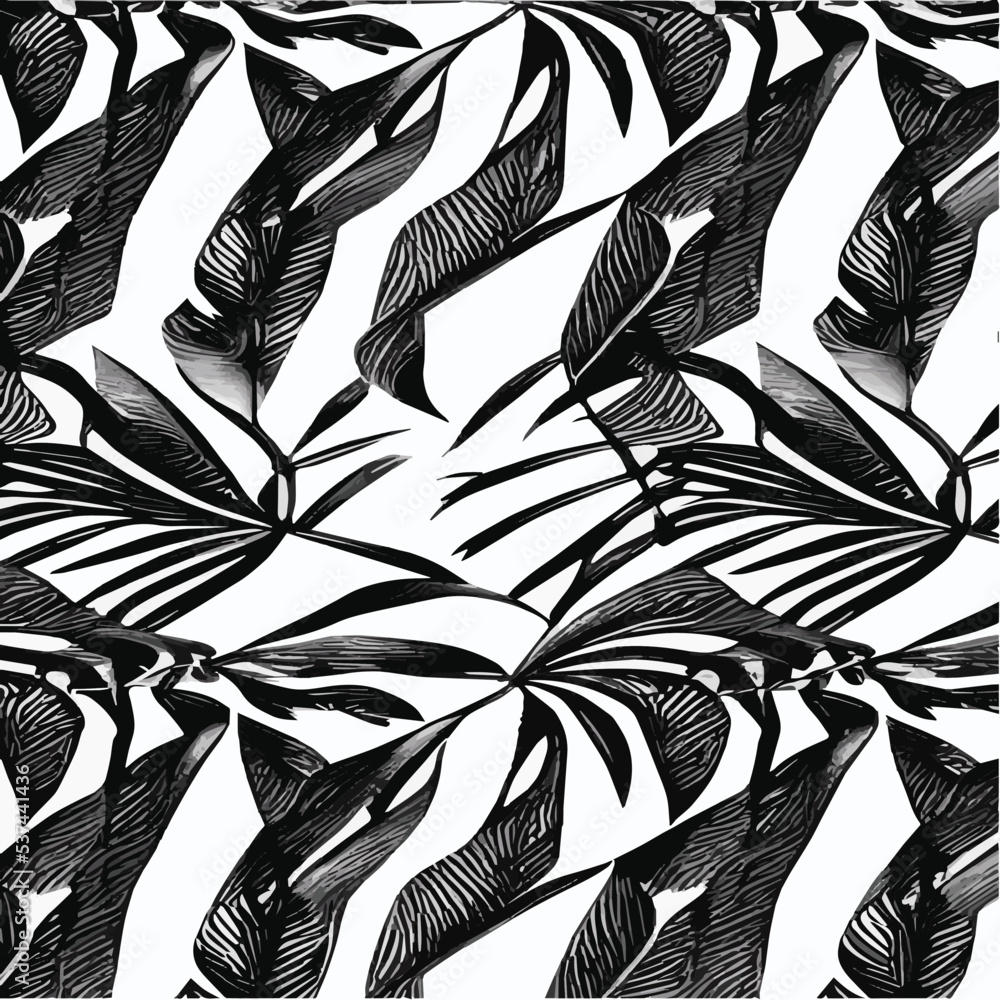 Exotic leaves seamless pattern in black and white. Stylish abstract ...