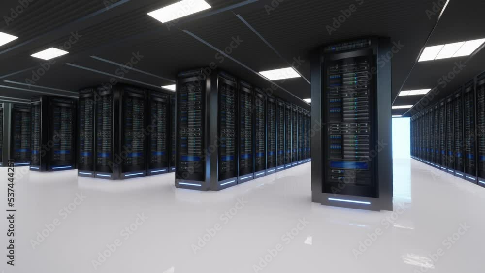 Network and data servers behind glass panels in a server room of a data ...