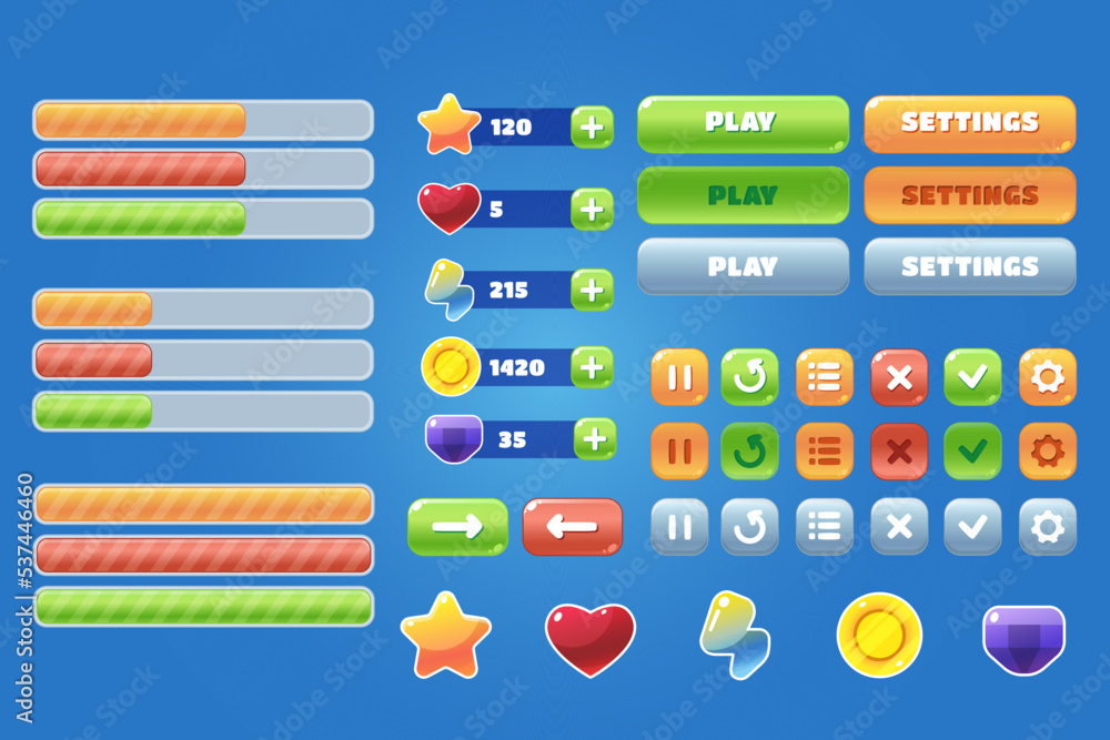 Set of icons and buttons for casual game or app interface. Mobile game ui design. vector gui ...