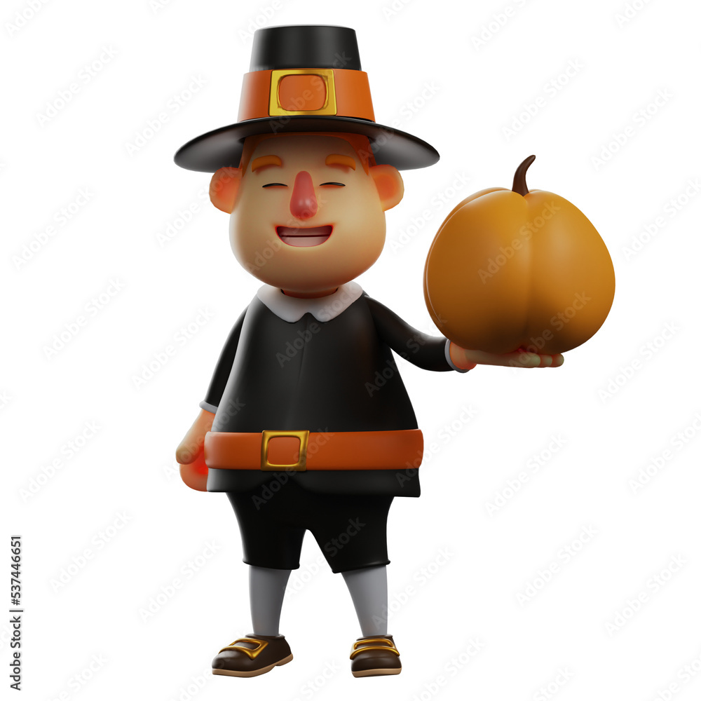 3D illustration. Thanksgiving Pilgrim Man 3D character has a little ...