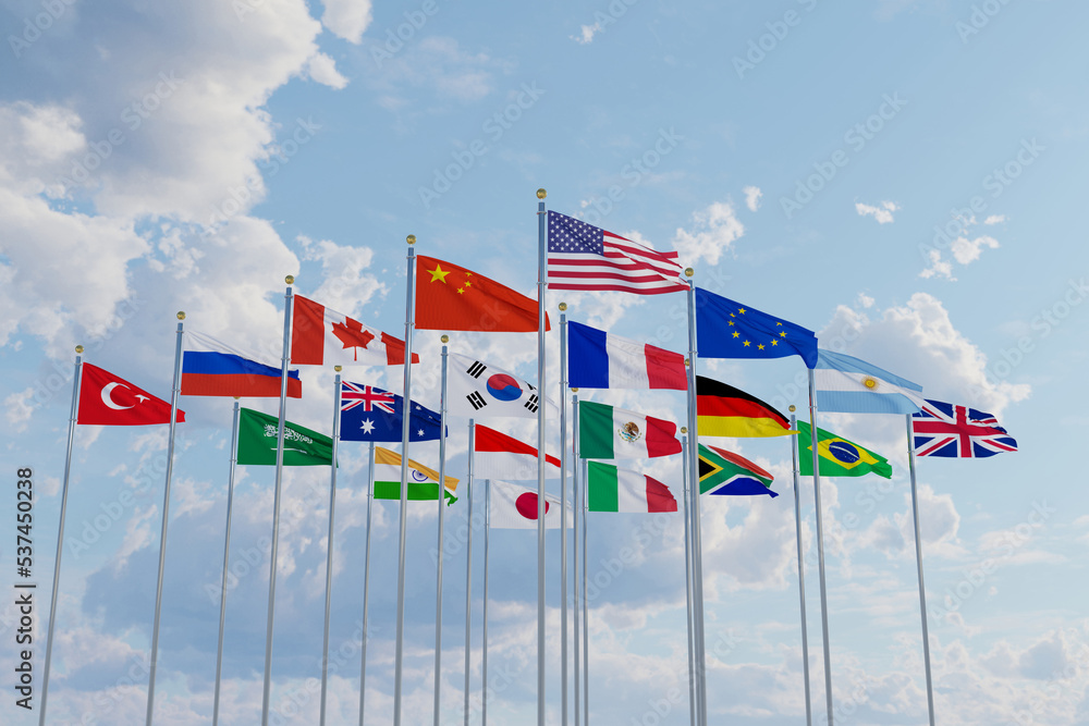 G20 flag summit Silk waving flags countries of members Group of Twenty ...
