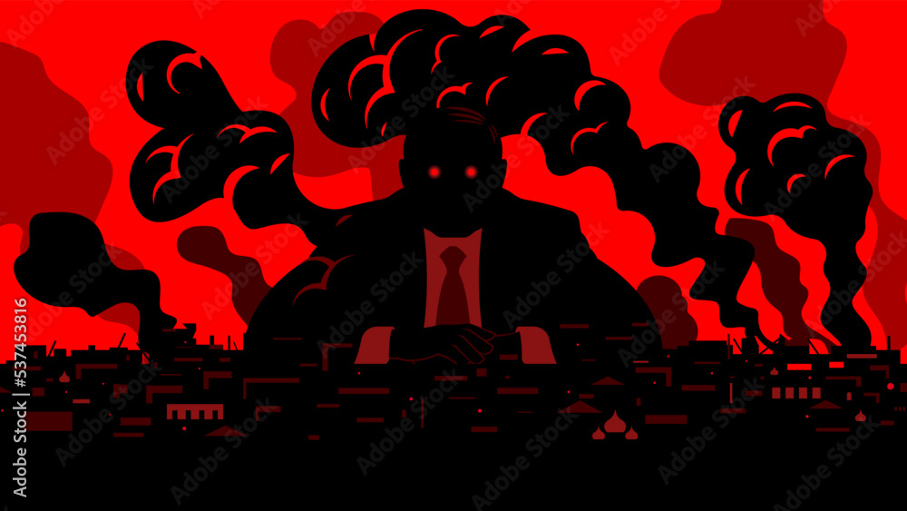 Furious giant unrecognizable person under small city. Tyrant with ...