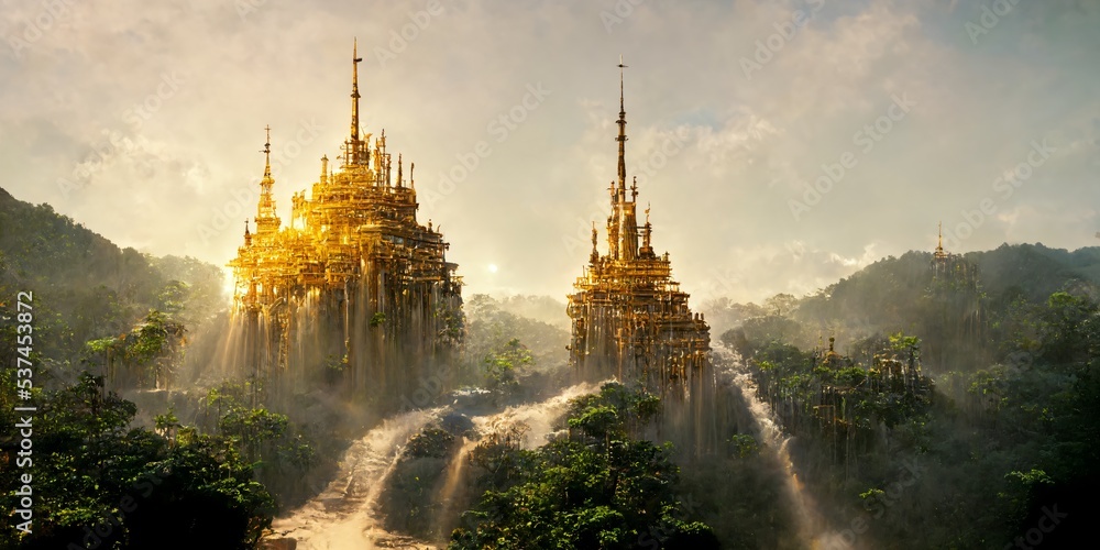 A beautiful golden city, city of gold standing at the top of a cliff ...