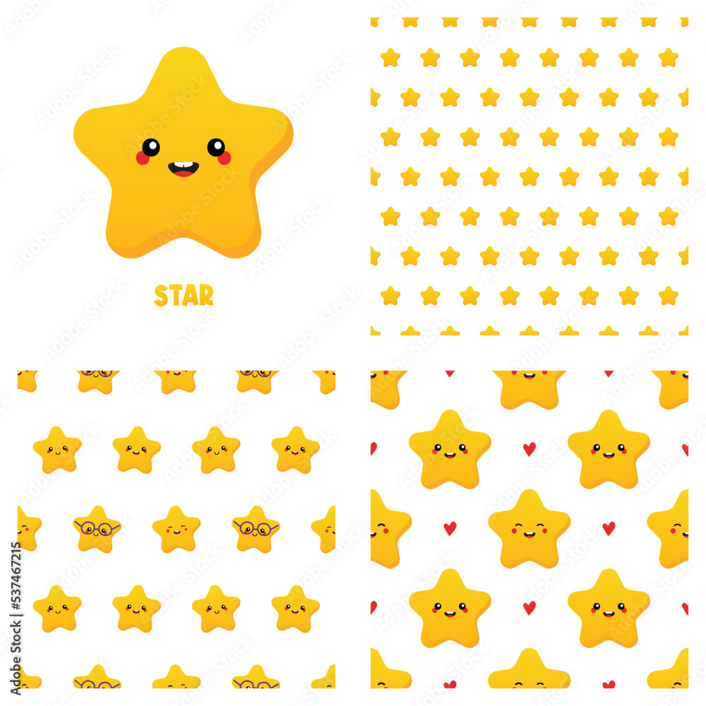 Cute cartoon style star character and set, collection of three golden ...