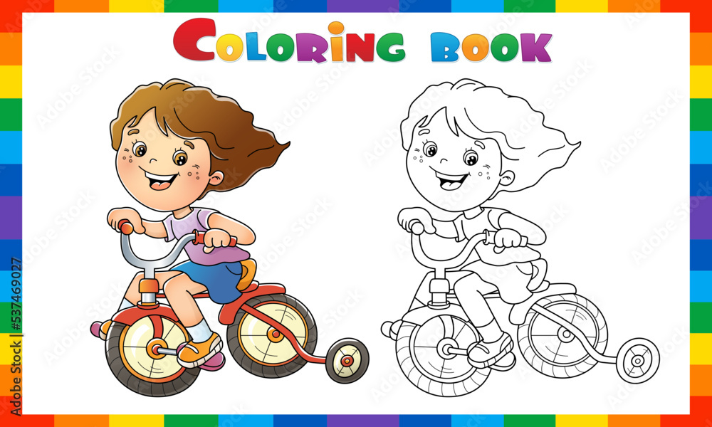 Coloring Page Outline Of a cartoon fun girl on a bicycle or bike ...