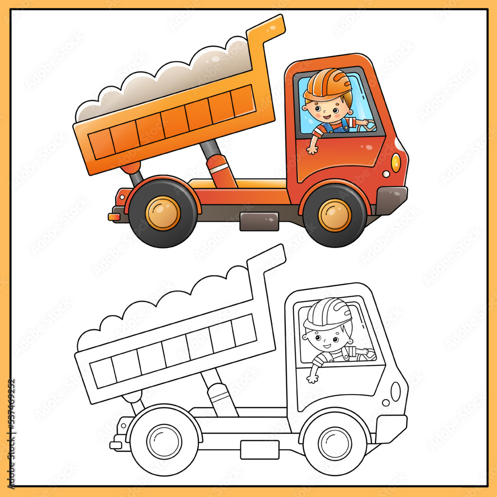 Coloring Page Outline Of cartoon lorry or dump truck with worker ...