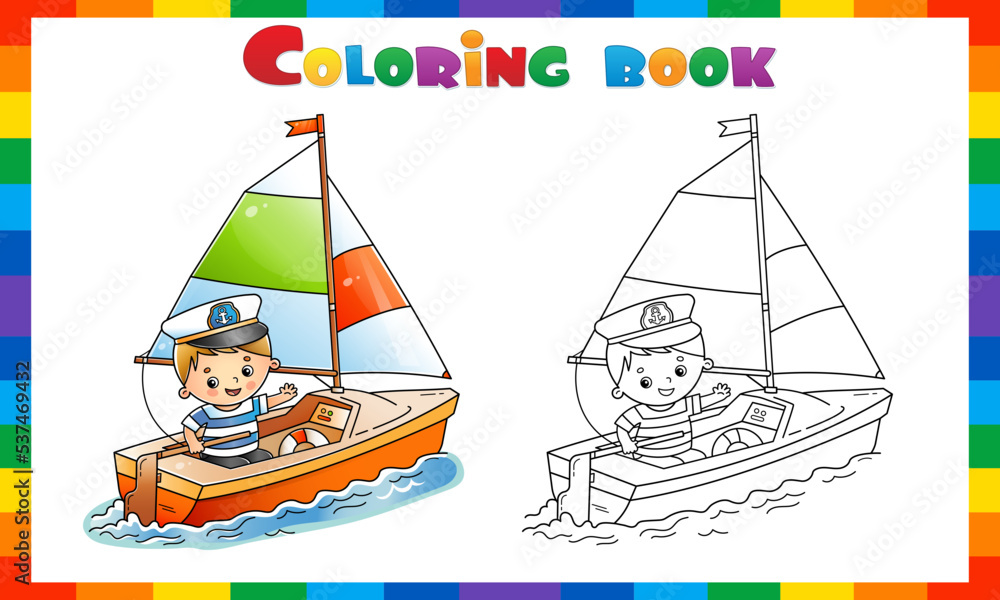Coloring Page Outline Of cartoon sail ship with sailor. Images of ...