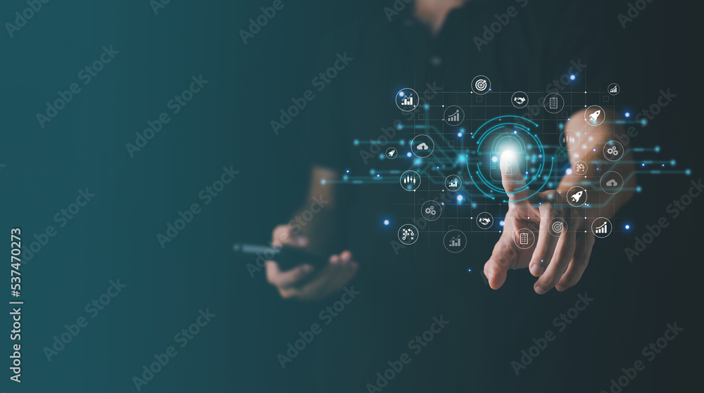 Man touching security scanning of digital programs. Digital ...