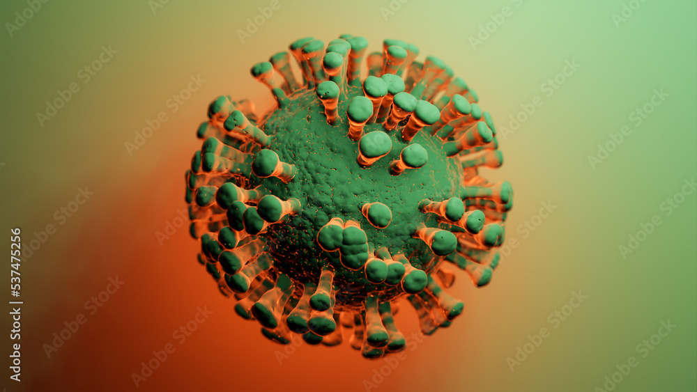 Illustration of one single green and red virus cell, visualization of a ...