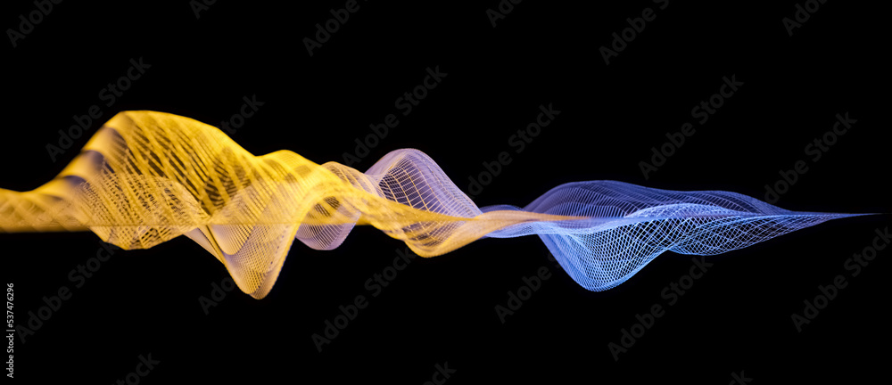 Abstract Glowing Yellow And Blue Wireframe Sound Waves Visualization Of Frequency Signals Audio