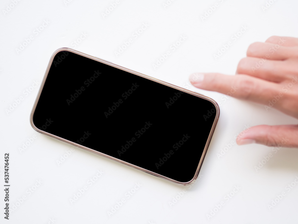 Mock Up Mobile Phone with blur Finger Woman on White Background,Display ...