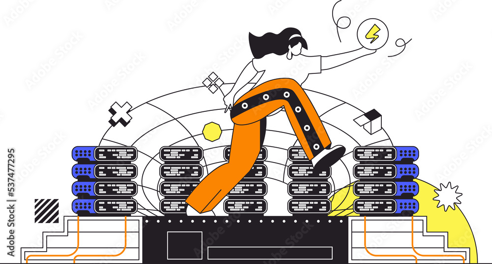 Data center web concept in flat outline design with character. Woman ...