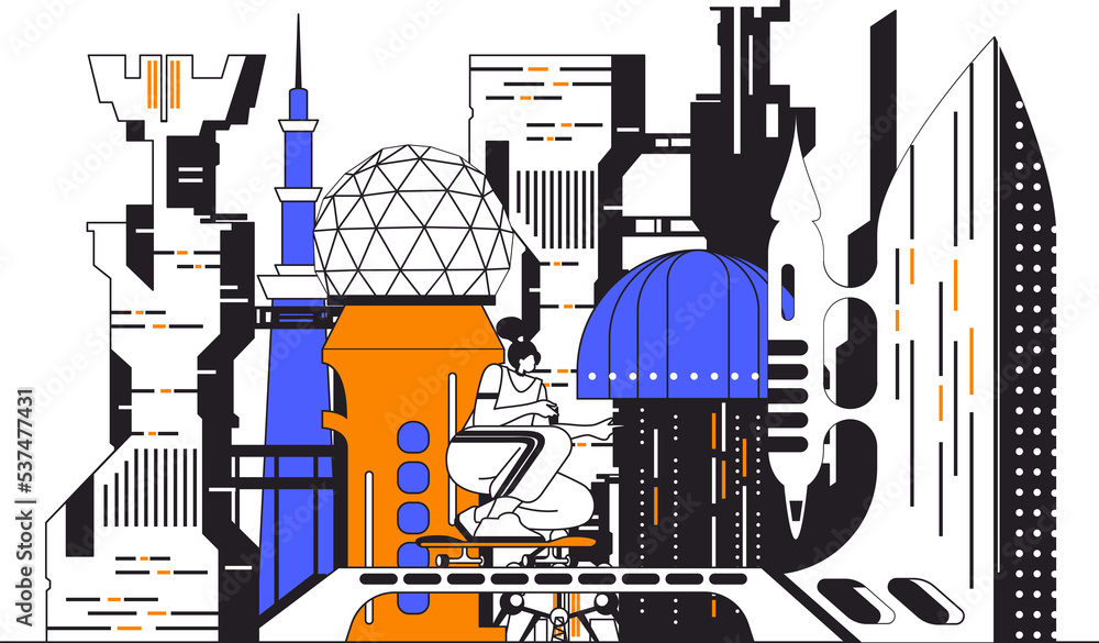 Futuristic megalopolis web concept in flat outline design with ...