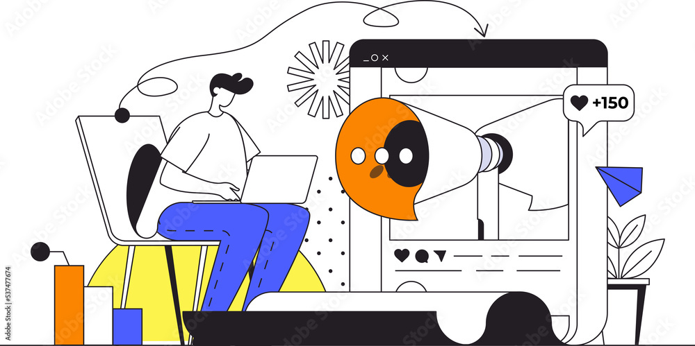 Outbound marketing web concept in flat outline design with character ...