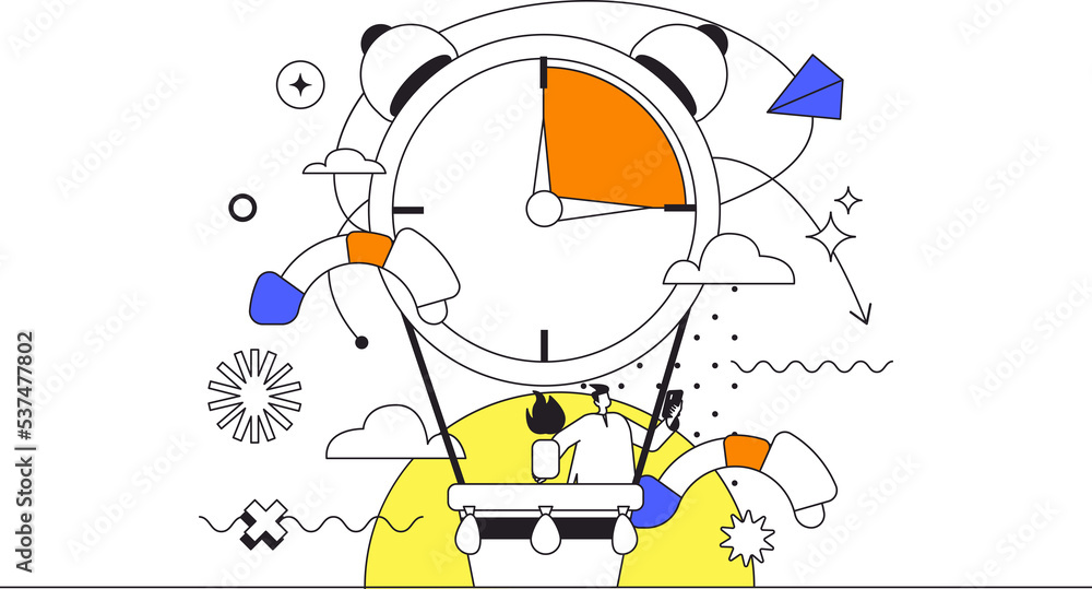 Time management web concept in flat outline design with character. Man ...