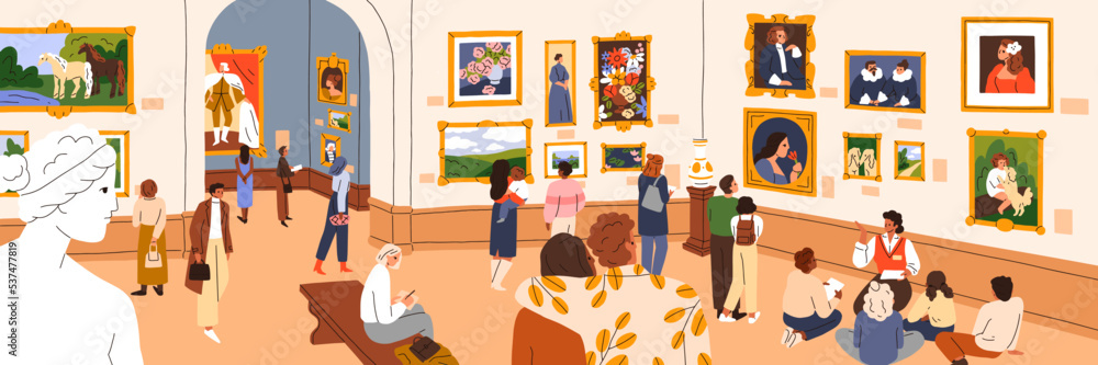 Visitors in traditional art gallery. People walk, look at classic ...