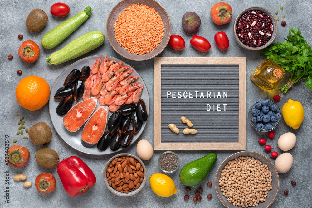 Pescetarian diet products. Seafood, fruits, vegetables, berries ...