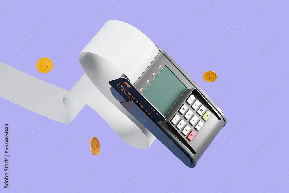 Bank terminal with a long check on a pink background. The concept of ...