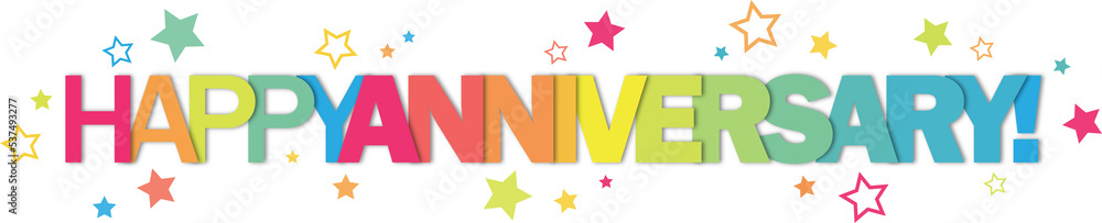 HAPPY ANNIVERSARY colorful typography banner with stars on transparent ...