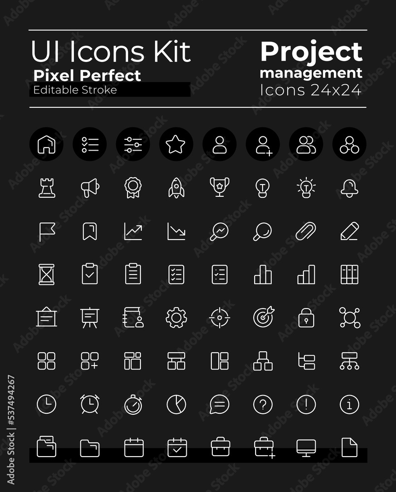 Vektorová grafika „Project management pixel perfect white linear ui icons kit for dark theme ...