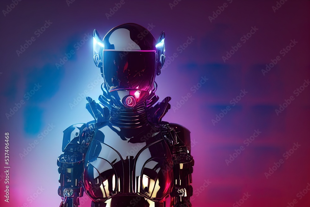 3d illustration of sci-fi cyborg female in shiny black metal armor suit ...
