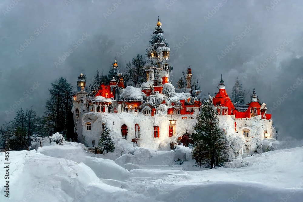 Winter, castle with towers and red roof, snow-white mountains, road and ...