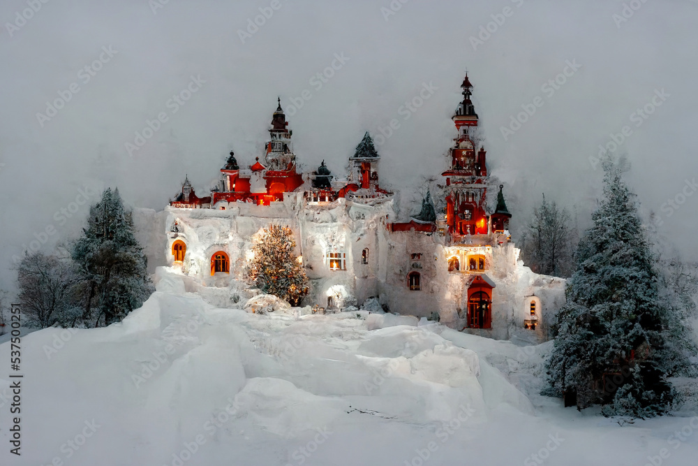 Winter, castle with towers and red roof, snow-white mountains, road and ...