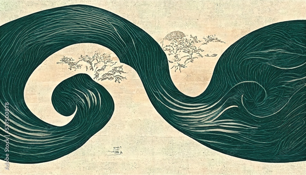 Green mountain-like wave-like shapes, traditional Japanese Ukiyo-e ...