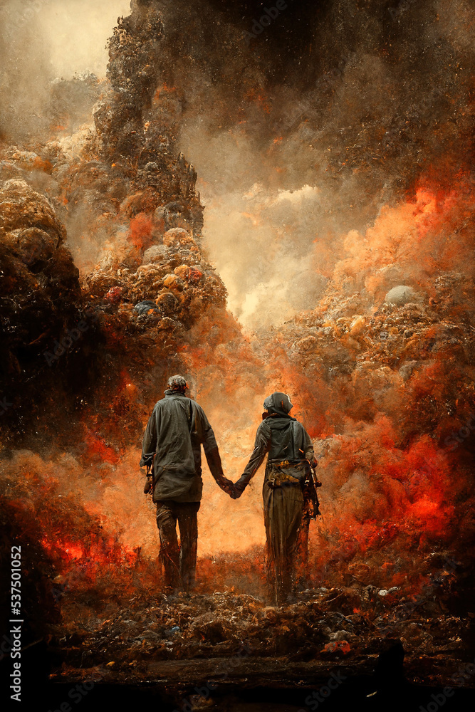 Poster, Foto Doomsday concept depicting young couple holding hands ...