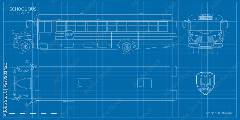 School bus drawing. Outline blueprint of municipal transport. Top, side ...