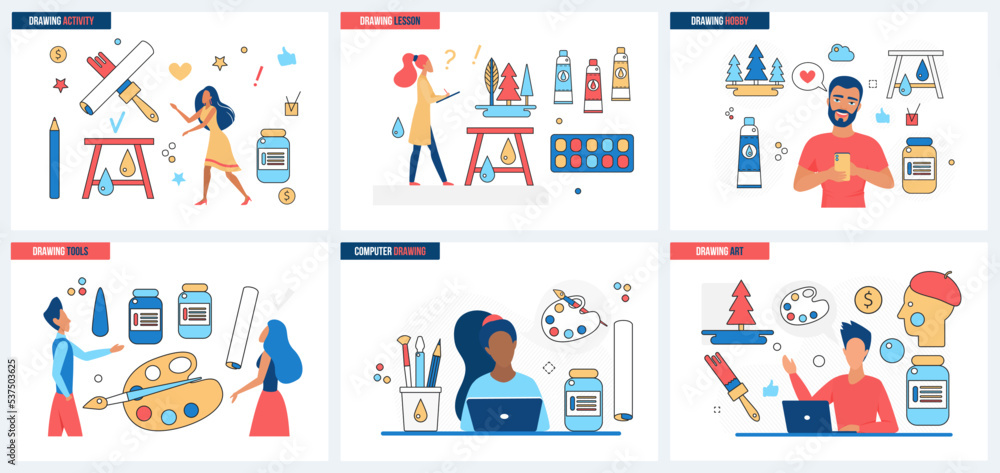 Art design, graphics set vector illustration. Cartoon artist drawing ...