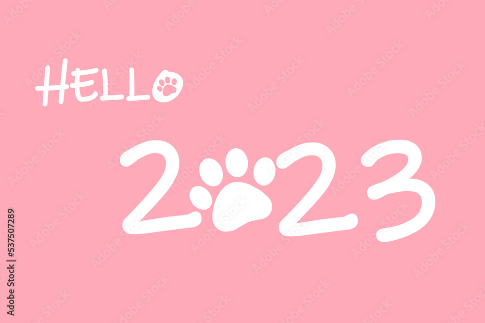 Hello. Banner, pink poster and sticker concept with text Hello. cat paw ...