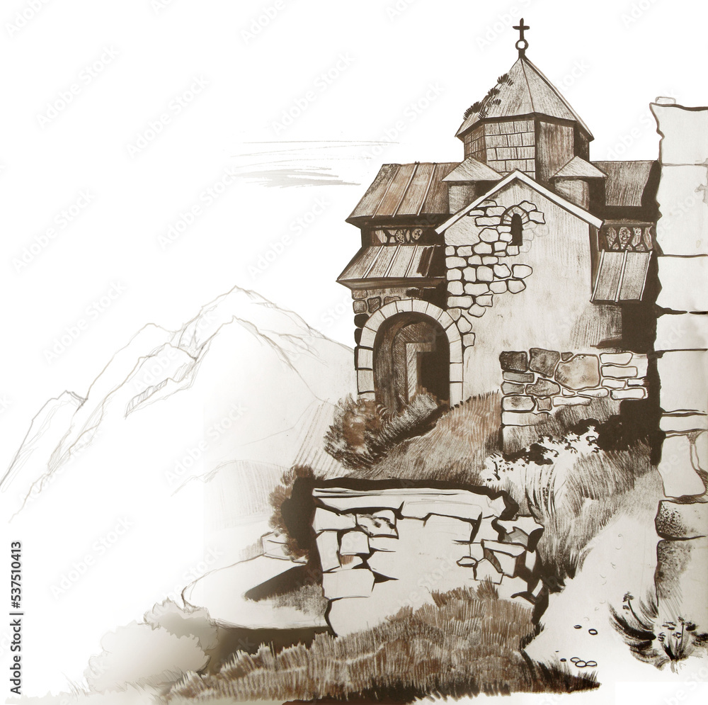 Armenia. Fairy tale in stone. Sketch of ancient Armenian church on ...